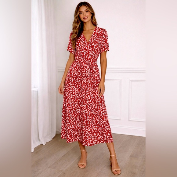 Lark + Grey | Dresses | Lark Grey Brand Red White Floral Midi Dress ...